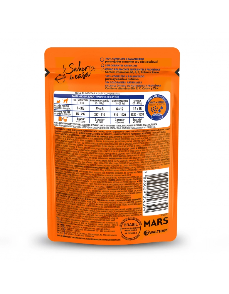 Ração Úmida Champ Sachê Adulto Carne 85g
